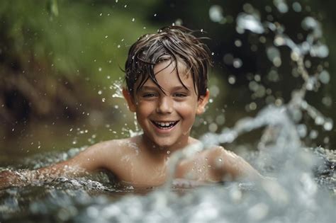 Premium Photo Photo Of A Boy Splashing In A Stream