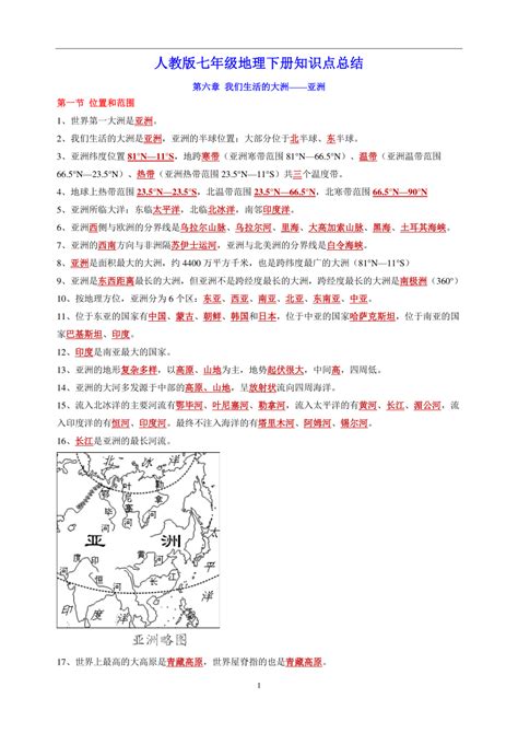【推荐】人教版七年级下册地理单元知识点汇总（打印版） 21世纪教育网