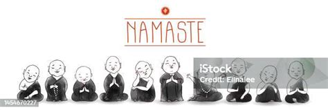 귀여운 불교 승려들은 흰색 배경에 잉크로 손으로 그렸다 전통적인 동양 수묵화 수미에 우신 고화 일본 신 지조와 함께한 삽화 상형 문자 행복 부처 불교에 대한 스톡 벡터 아트