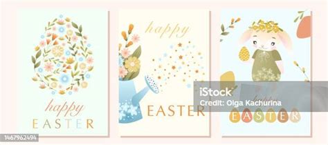 귀여운 토끼 캐릭터 색깔의 달걀 꽃 녹색 잎 및 따옴표가있는 부활절 엽서 세트 소셜 미디어 게시물 전단지 초대장 포스터 엽서