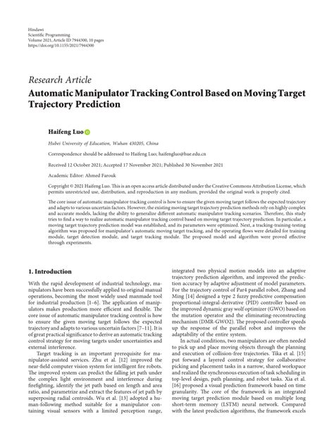 Pdf Automatic Manipulator Tracking Control Based On Moving Target Trajectory Prediction