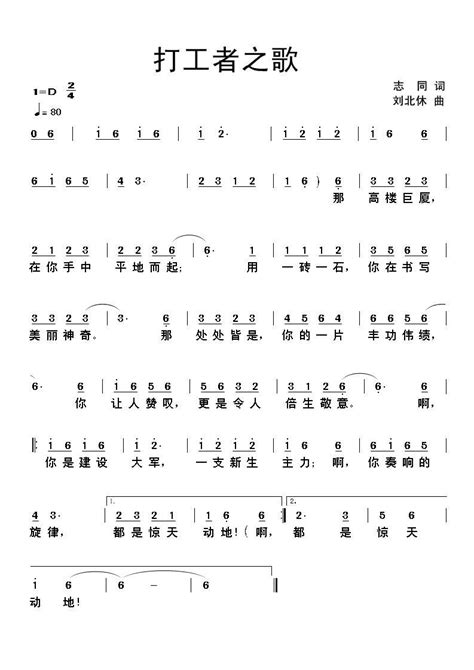 打工者之歌 歌谱 简谱