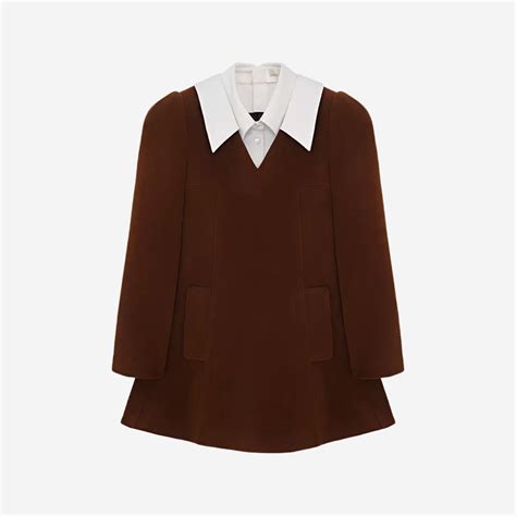 W 슈슈통 더블 레이어 칼라 페이크 투 피스 드레스 에이라인 스커트 브라운 Shushutong Kream