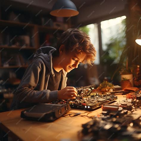 Premium Ai Image A Boy Tinkering With Recycled Tech Problemsolving