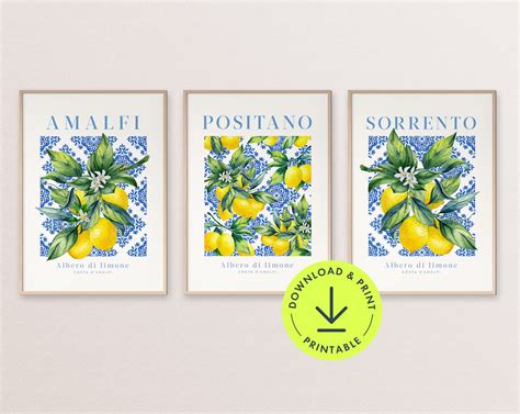 Lemon Tree Wall Art Prints Kitchen Gallery Wall Blue Tiles Etsy Uk