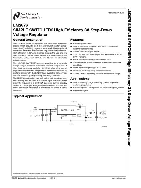 Lm2676 High Efficiency 3a Step Down Voltage Regulator National Semiconductor