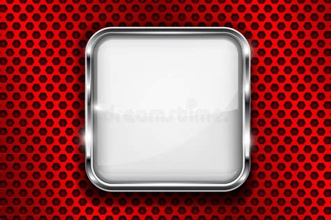 White Button With Chrome Frame Round Glass Shiny 3d Icon On Gray