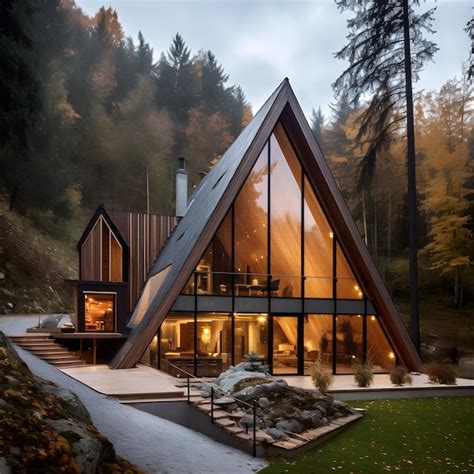 Premium Photo A Triangular House With A Glass Wall And A Garden