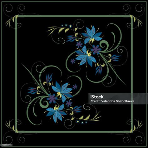 벡터 꽃 패턴은 검은 색 배경에 제곱 섬유 목도리 히잡 스카프의 디자인을위한 밝은 꽃과 잎 동양 여성의 옷을 장식하는 장식 인쇄