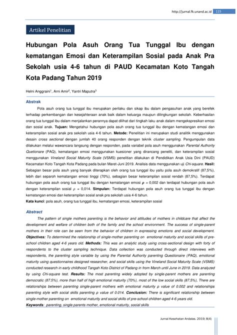 PDF Hubungan Pola Asuh Orang Tua Tunggal Ibu Dengan Kematangan Emosi