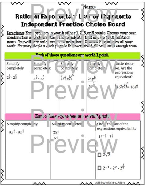 Rational Exponents And Generating Equivalent Expressions Choice Board Practice