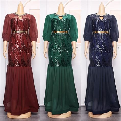 Blue African Dresses Elegant Luxury Sequin Bodycon Mermaid Maxi Robe