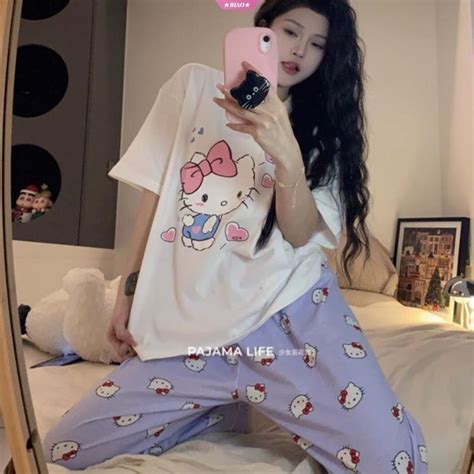 Sanrio Hello Kitty Hoạt Hình In Bộ Đồ Ngủ Nữ Mùa Hè Nhà Nữ Đồ Ngủ Phù