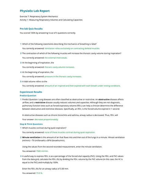 Physio Ex Exercise 7 1 Physioex Lab Report Exercise 7 Respiratory