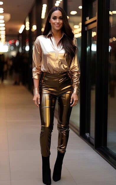 Premium Photo A Woman In Gold Pants And A White Shirt Is Standing