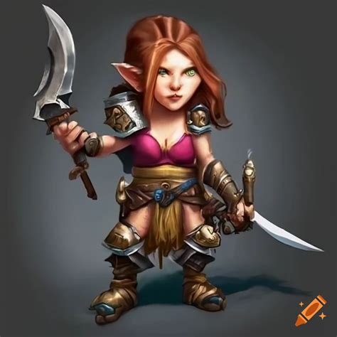 Image Of A Fierce Female Gnome Warrior With Dual Blades On Craiyon