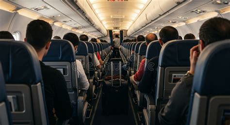 Airplane Cabin View Passengers On Flight Interior Seats Travel