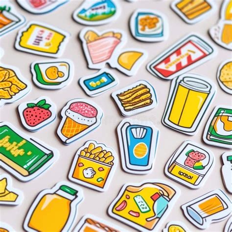Colorful Food Product Stickers Creating A Vibrant Pattern On A Light