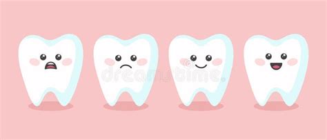 Flat Vector Tooth Set Different Emotions Face Expressions Happy Sad