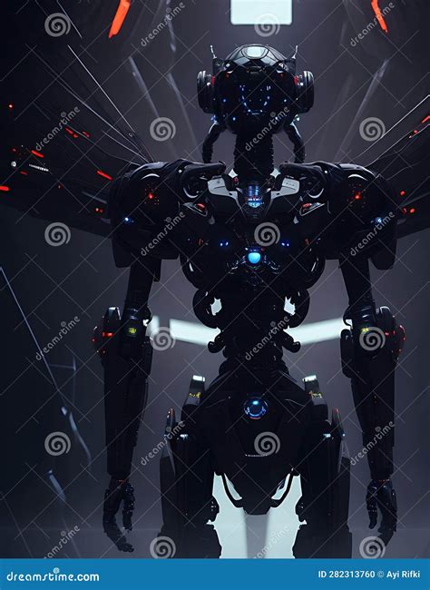 3d Rendering Humanoid Robot In Dark Space With Glowing Lights Future