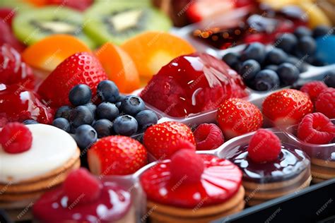 Close Up Of A Tray Of Assorted Fruit Tartlets With Glazed Fruit