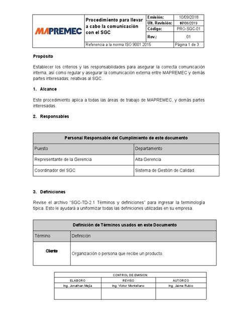 Pro Sgc 01 Comunicacion Del Sgc Pdf Sistema De Manejo De Calidad Business