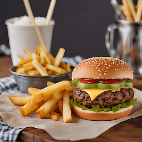 Premium Photo A Hamburger With Cheese And Fries On A Table