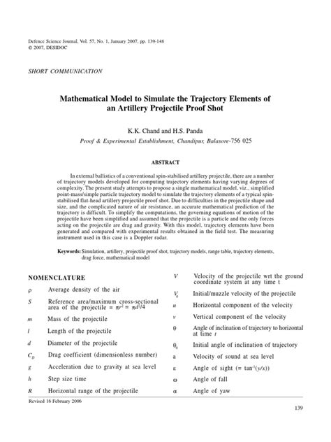 simulation of trajectory elements of an artillery projectile using a