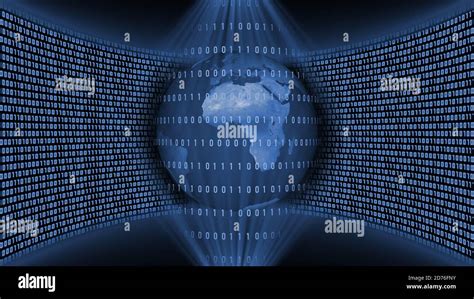 Earth Globe Behind Lines Of Binary Code Inside A Light Beam In The