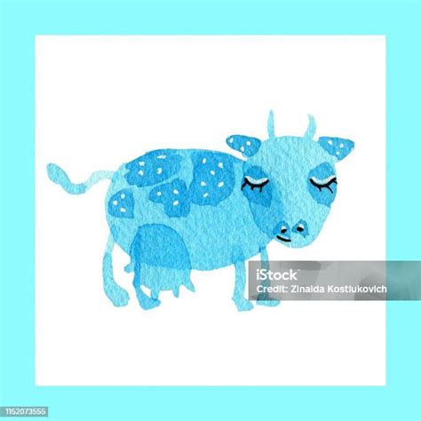 손으로 그린 수채화 그림 설정 재미 있는 만화 암소와 함께 젖 통 블루 울트라 마린에 고립 된 흰색 암소에 대한 스톡 벡터 아트