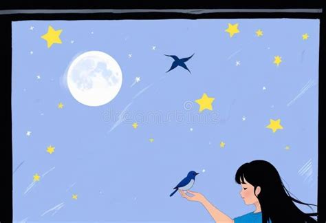 Young Girl Dark Hair Holding A Blue Bird In Her Hand Against A Night