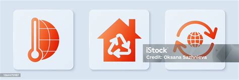 에코 하우스를 재활용 기호 기상 온도계 측정 및 행성 지구 및 재활용으로 설정합니다 흰색 정사각형 버튼 벡터 0명에 대한 스톡 벡터 아트 및 기타 이미지 Istock