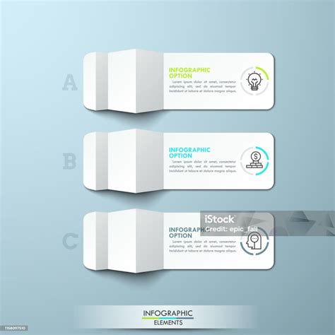 얇은 선 아이콘과 텍스트 상자가있는 접힌 흰색 종이 의 세 글자 조각 최소한의 인포그래픽 디자인 레이아웃 3가지 개체에 대한