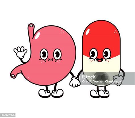 귀엽고 재미있는 행복한 위장과 알약 캐릭터 벡터 손으로 그린 만화 Kawaii 캐릭터 그림 아이콘입니다 재미 있는 만화 위장과 알약 친구 개념 등장인물에 대한 스톡 벡터