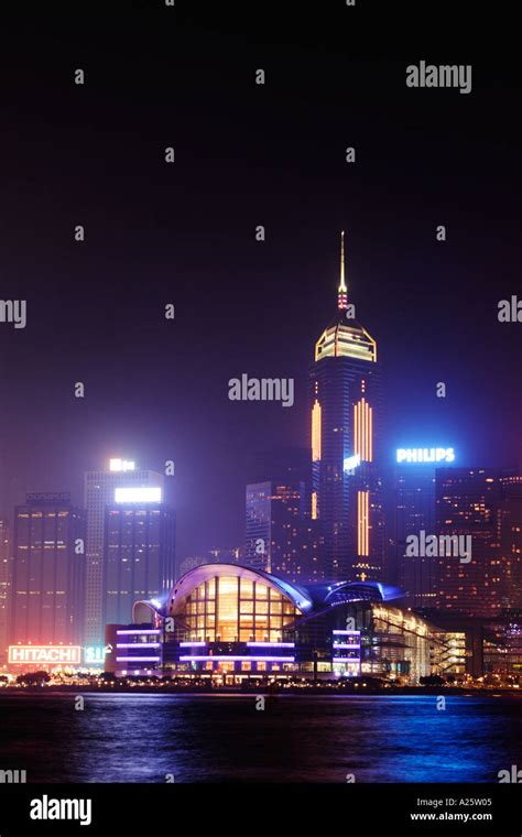 Night View Hong Kong Convention And Exhibition Center Victoria Harbor