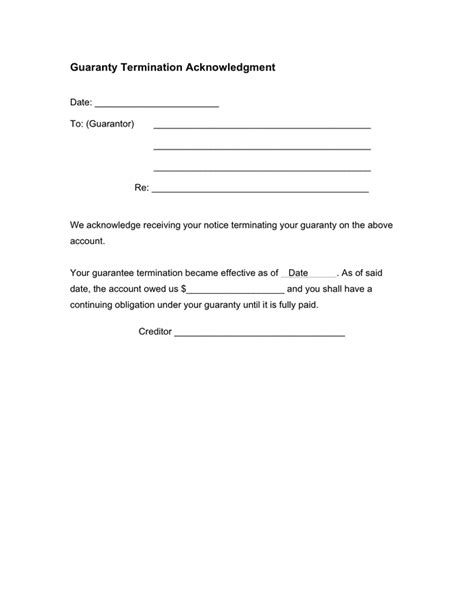 Guaranty Termination Acknowledgment Form In Word And Pdf Formats