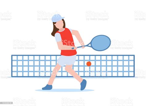 스포츠웨어를 입은 한 여성이 테니스를 치고 있다 라켓을 들고 하얀 배경에 고립된 공을 치는 스포츠우먼 플랫 만화 벡터 일러스트레이션 Championship에 대한 스톡 벡터