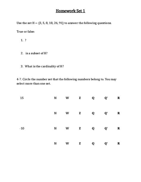 Homework Set Home Work Set Use The Set H To Answer The Following