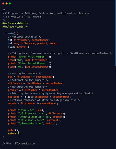 C Program For Addition Subtraction Multiplication Division And Modulus Of Two Numbers Artofit
