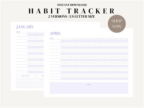 Lavendar Monthly Habit Tracker Printable Landscape Letter Instant