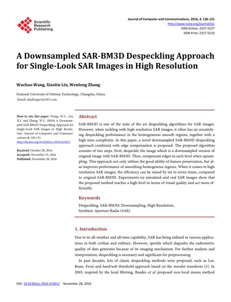 Pdf A Downsampled Sar Bm3d Despeckling Approach For Single Look Sar