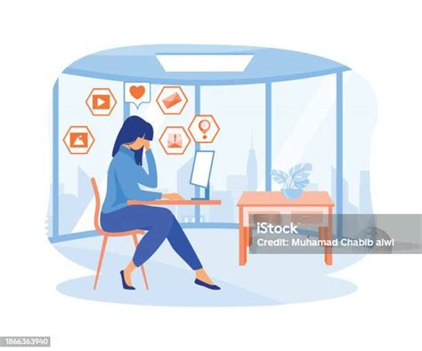 과부하 극복 직원의 심리적 웰빙 가제트에 의존하는 삶 장치가 인간 두뇌에 미치는 영향 플랫 벡터 현대 일러스트 레이 션