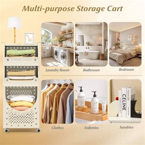 Costway 4 Tier Laundry Cart Folding Hamper W2 Basket 6 Hook Utility
