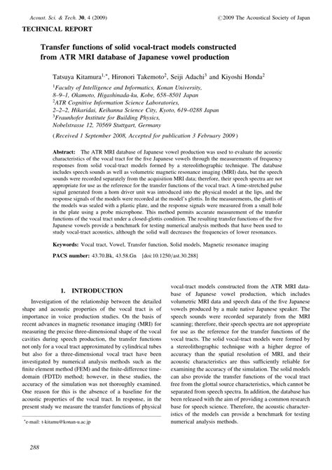 Pdf Transfer Functions Of Solid Vocal Tract Models Constructed From Atr Mri Database Of