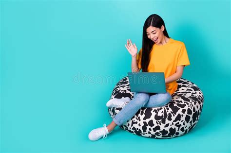 Full Length Photo Of Cute Brunette Lady Look Laptop Near Empty Space On