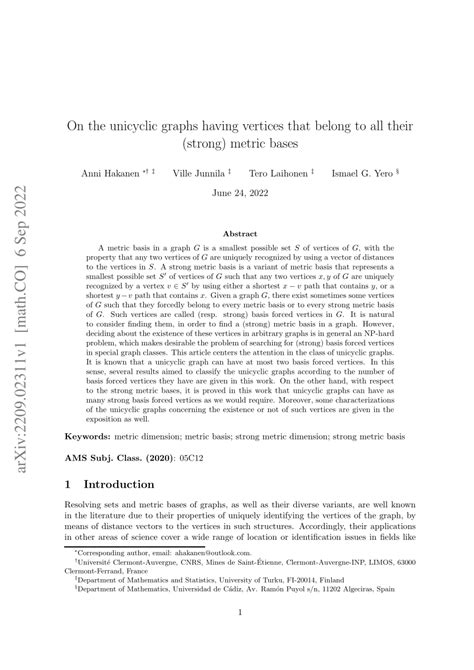 Pdf On The Unicyclic Graphs Having Vertices That Belong To All Their Strong Metric Bases