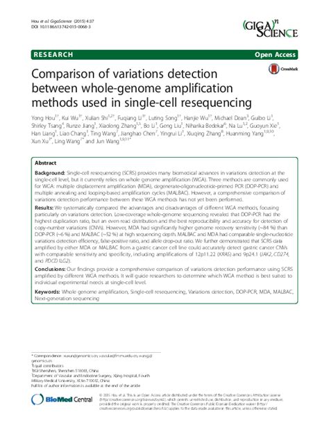 Pdf Comparison Of Variations Detection Between Whole Genome Amplification Methods Used In