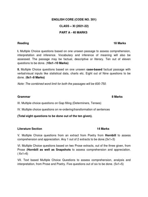 Cbse Class 11 English Core 2021 22 Pdf Reading Comprehension Question