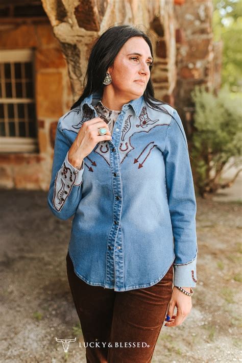 Denim Stretch Long Sleeve W Contrast Western Embroidered Yokes
