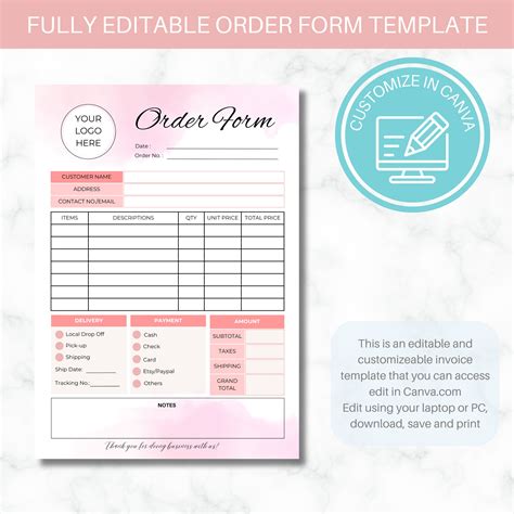 Order Form Editable In Canva Etsy Shop Order Form Small Business